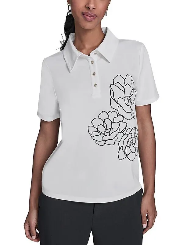 Karl Lagerfeld Paris Floral Embroidered Polo Top - Soft White