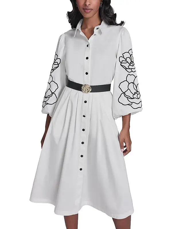 Karl Lagerfeld Paris Floral Puff Sleeve Midi Dress - Soft White
