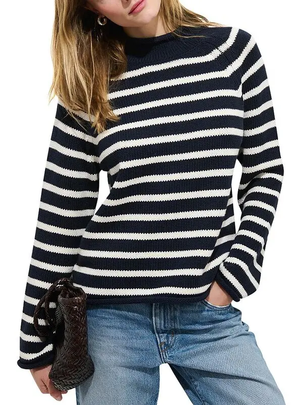 ALEX MILL Eastport Striped Roll Neck Sweater - Dark Navy/sea Salt
