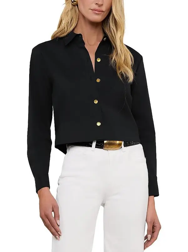 L'Agence Cosette Cropped Shirt With High-low Hem - Black/gold Wax Stamp