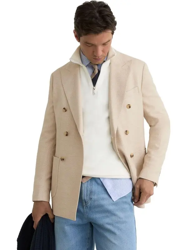 REISS Manci Double-breasted Herringbone Blazer - Stone