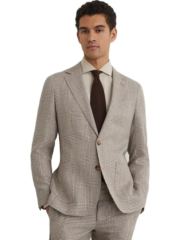 REISS Epsom Linen-wool Single-breasted Check Blazer Tailored-fit - Oatmeal Brown
