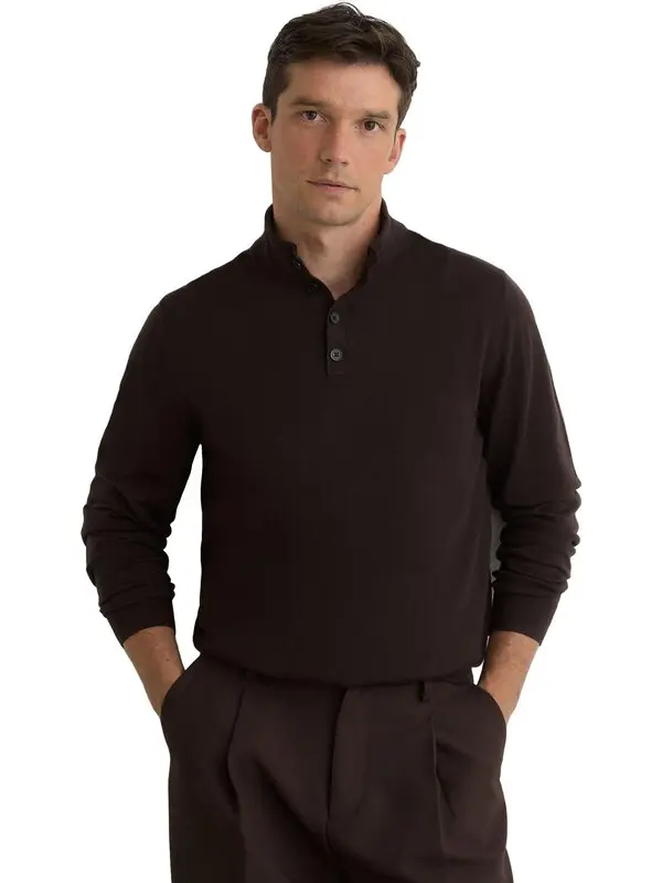 REISS Farnham Merino Wool Half-button Funnel Jumper - Chocolate Brown
