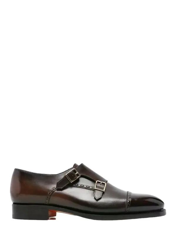 Santoni Leather Double Buckle Monk Shoes - Brown