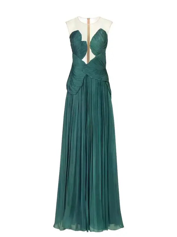 Costarellos Serenne Illusion-neckline Pleated Gown - Green