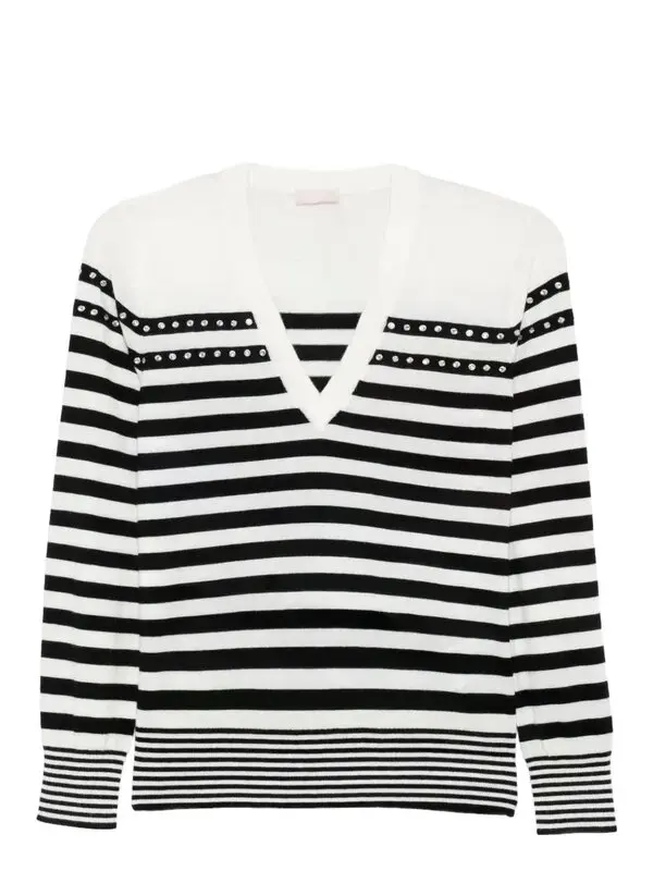 Liu Jo Striped Embellished V-neck Sweater - White