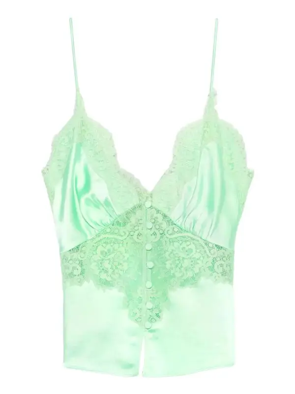 SELF-PORTRAIT Lace-trimmed Buttoned Top - Green