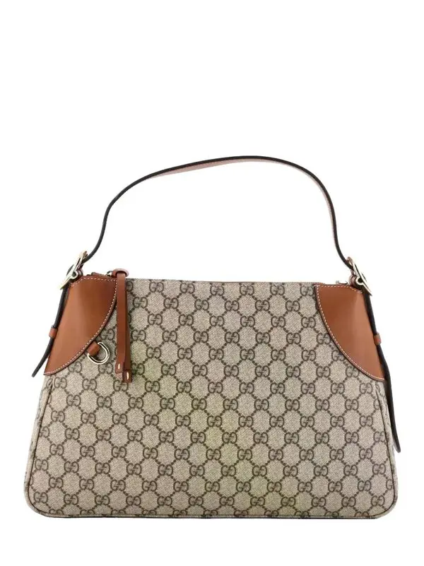 Gucci Emblem Gg Coated Canvas With Leather Large Shoulder Bag - Brown
