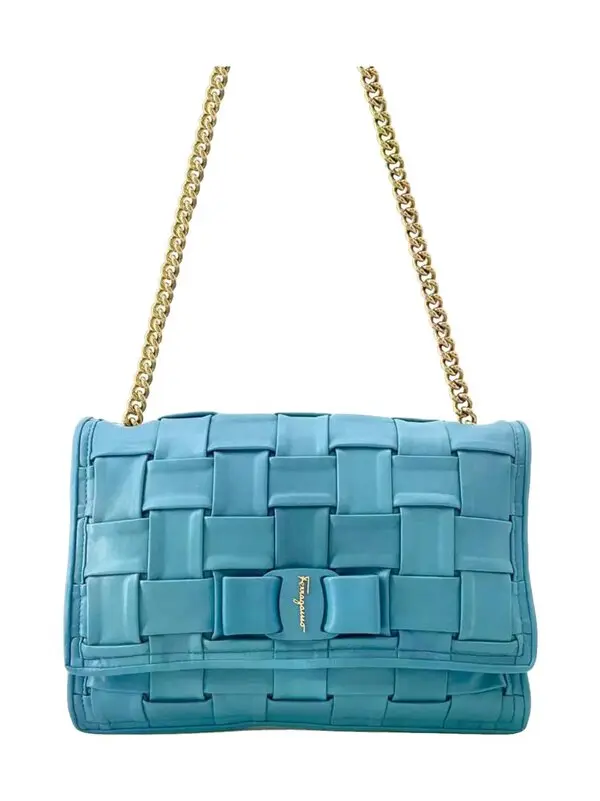 FERRAGAMO Woven Leather Viva Bow Crossbody Bag - Blue