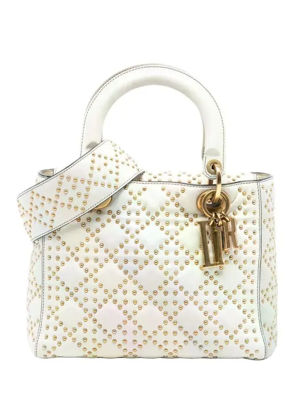 Dior 2018 Medium Lambskin Studded Lady Satchel - White