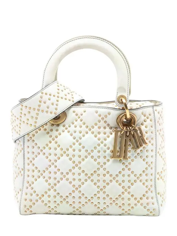Dior 2017 Medium Lambskin Cannage Studded Supple Lady Satchel - White