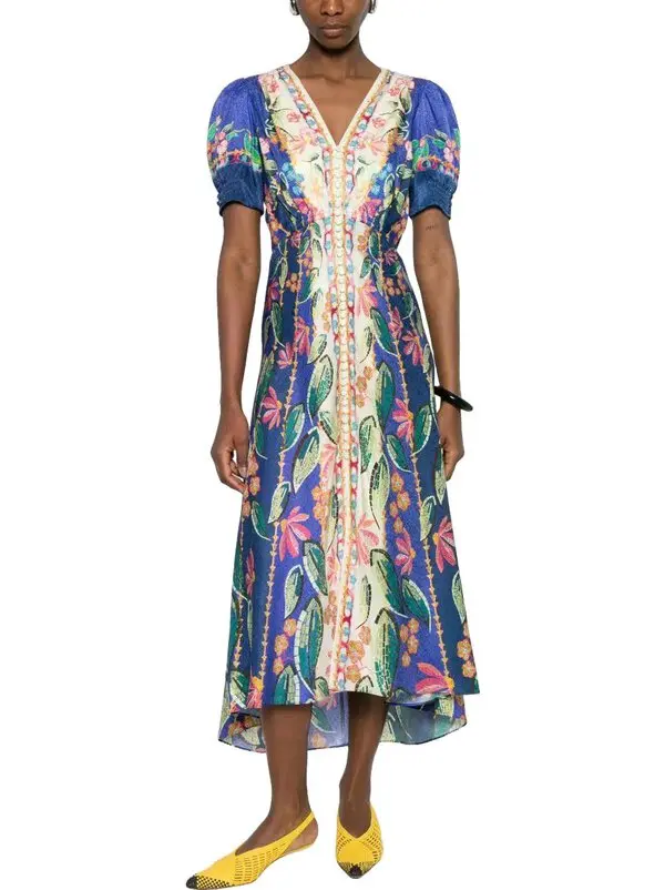 Saloni Lea Floral V-neck Midi Dress - Blue
