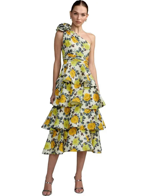 Mac Duggal Floral Tiered Midi Dress - Yellow Rose