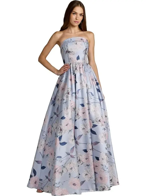 Mac Duggal Floral Brocade Strapless Ball Gown - Blue Multi