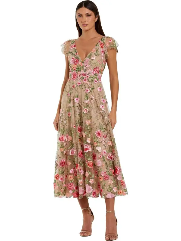 Mac Duggal Floral Embroidered Flutter Sleeve Midi Dress - Nude Multi