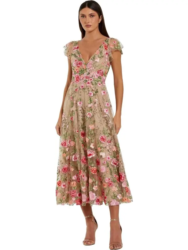Mac Duggal Floral Embroidered Flutter Sleeve Midi Dress - Nude Multi