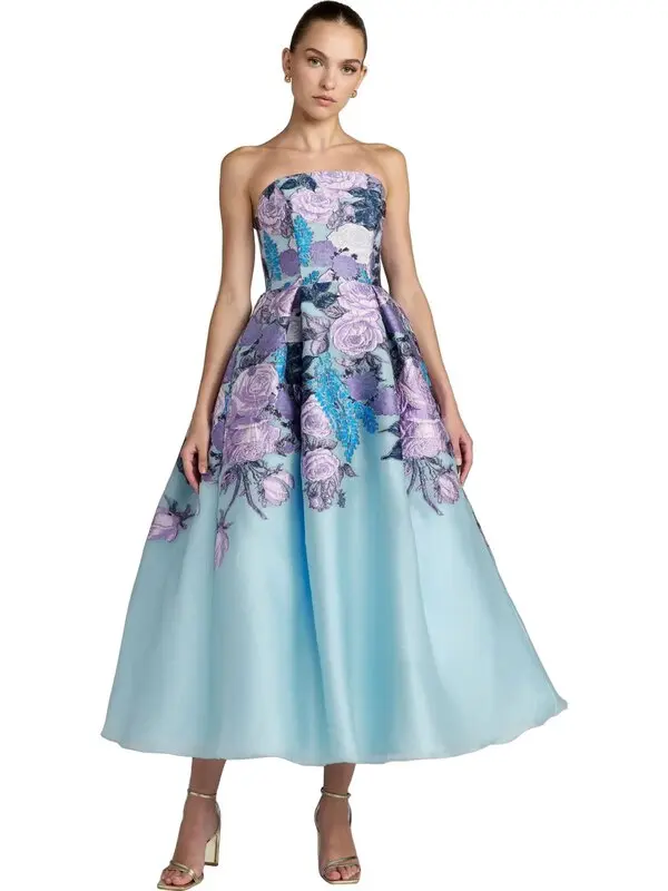 Mac Duggal Floral Embroidered Strapless Organza Midi Dress - Blue Multi
