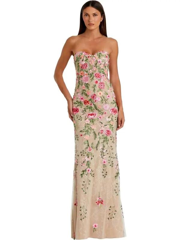 Mac Duggal Floral Embroidered Strapless Bustier Gown - Nude Multi