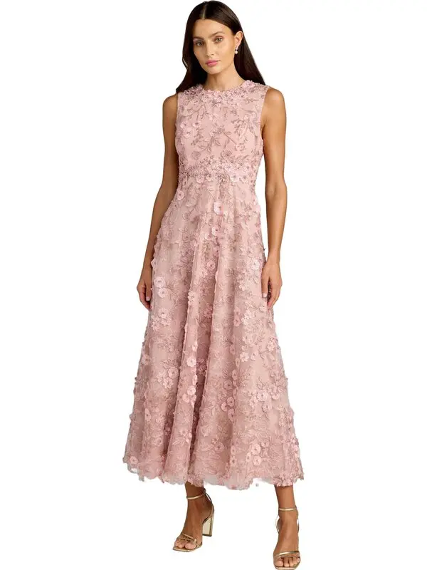 Mac Duggal Floral Embroidered High Neck Midi Dress - Pink
