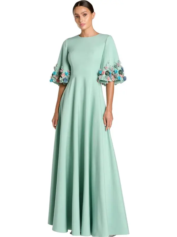 Mac Duggal Crepe A-line Gown With Floral Trim - Green