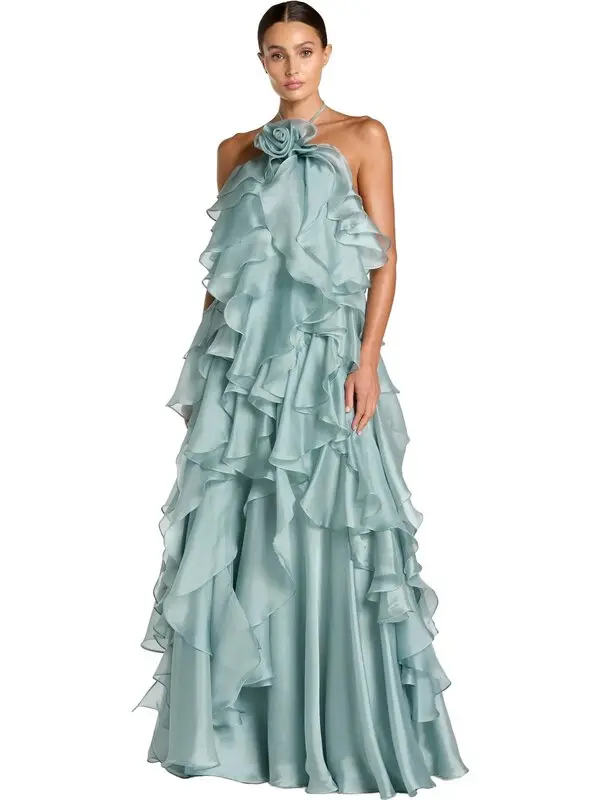 Mac Duggal Halter Neck Open Back Ruffle Gown - Mint