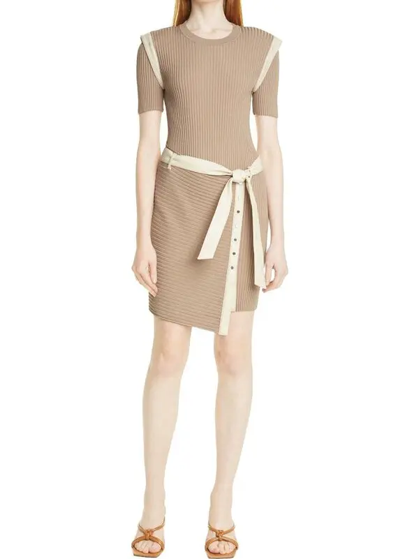 Simkhai Jonathan Hardin Compact Ribbed Belted Short Sleeve Dress - Tan/papyrus