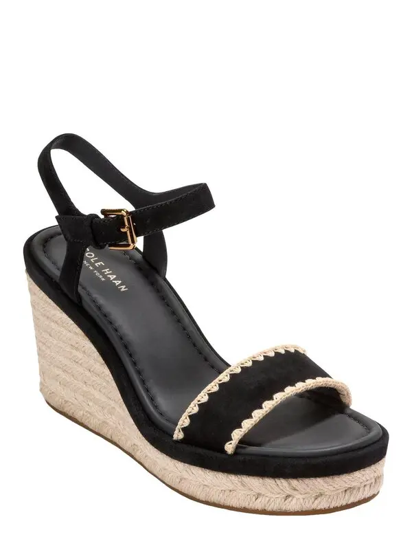 Cole Haan Asbury Cloudfeel Espadrille Wedge - Black Suede/natural Raffia