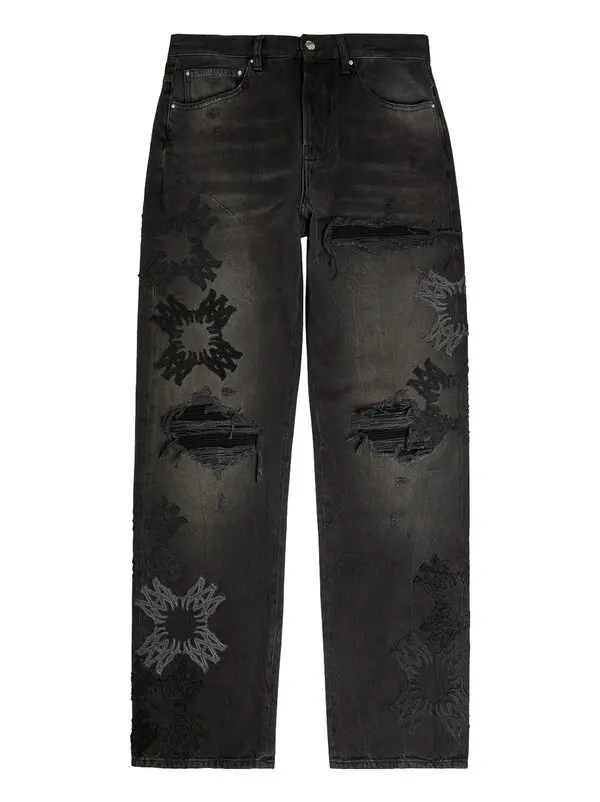 Amiri Distressed Logo-appliquéd Straight-leg Jeans - Denim