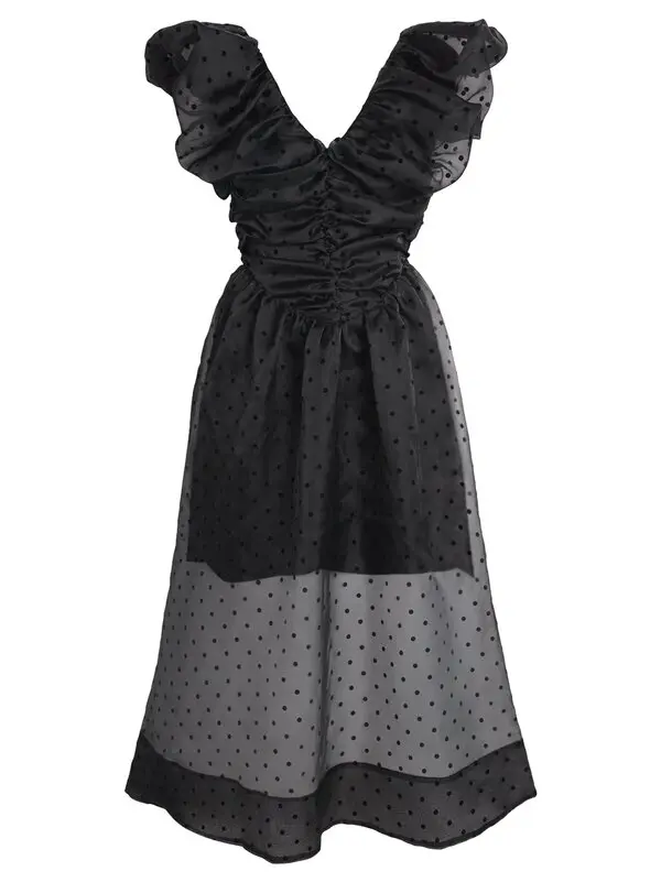 GANNI Organza Polka Dot Midi Dress - Black
