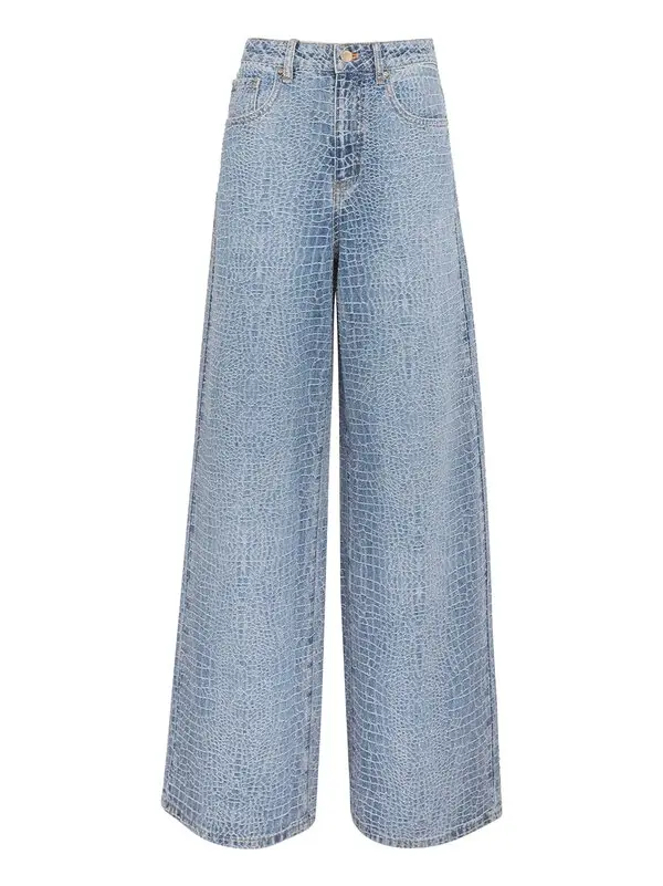 SELF-PORTRAIT Croc-effect Wide-leg Jeans - Blue