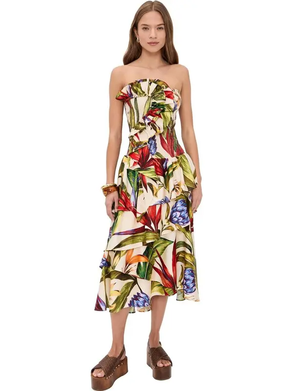 Farm Rio Floral Strapless Midi Dress - Florart Sand