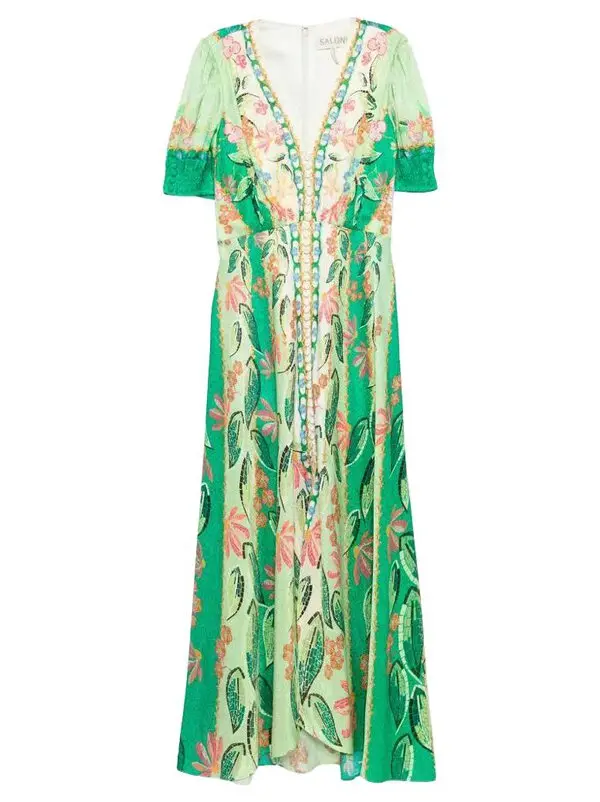 Saloni Lea Floral-print V-neck Midi Dress - Green