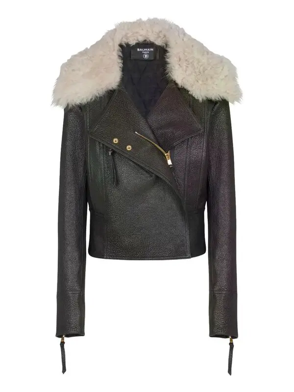 Balmain Shearling-collar Lambskin Biker Jacket - Black