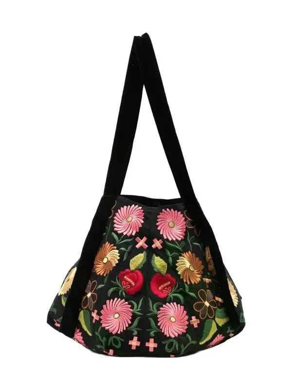 La DoubleJ Floral-embroidered Shoulder Bag - Black