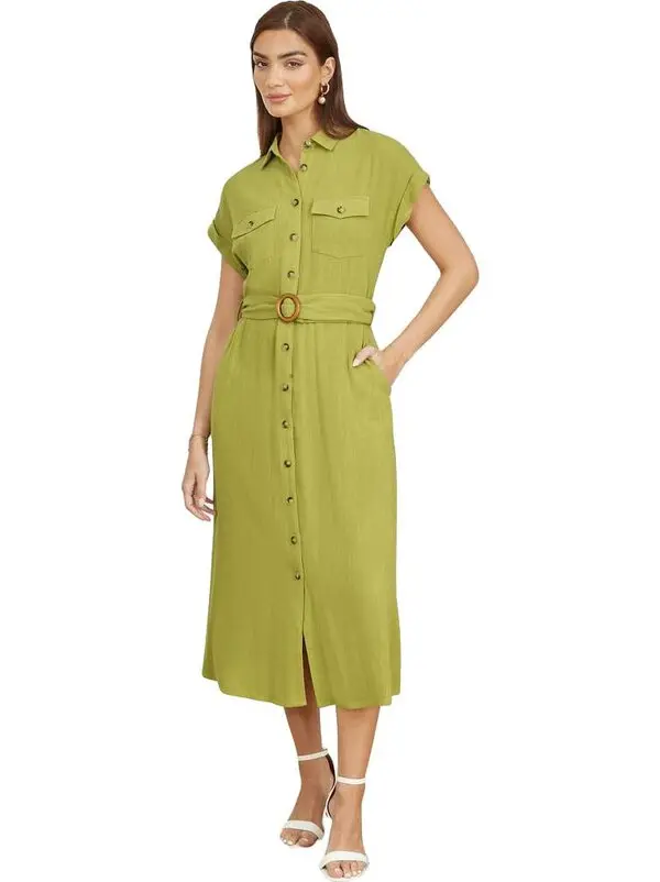 YUMI Linen Look Midi Shirt Dress With Wooden Belt - Lime Green
