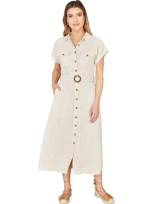 YUMI Linen Look Midi Shirt Dress With Wooden Belt - Natural