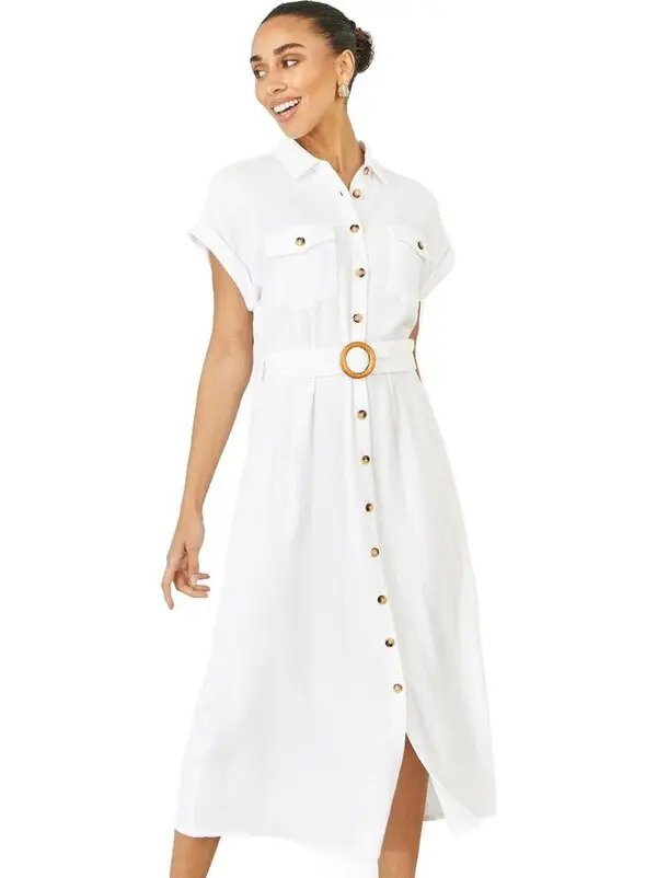 YUMI Viscose Linen Look Midi Shirt Dress - White