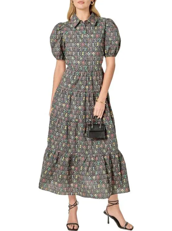 English Factory Floral Tiered Cotton Shirtdress - Navy Floral