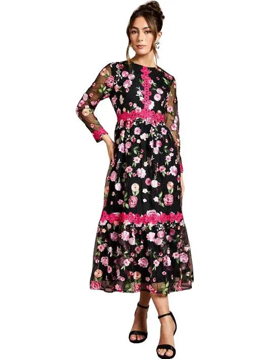 Coast Embroidered Floral Midi Dress - Black