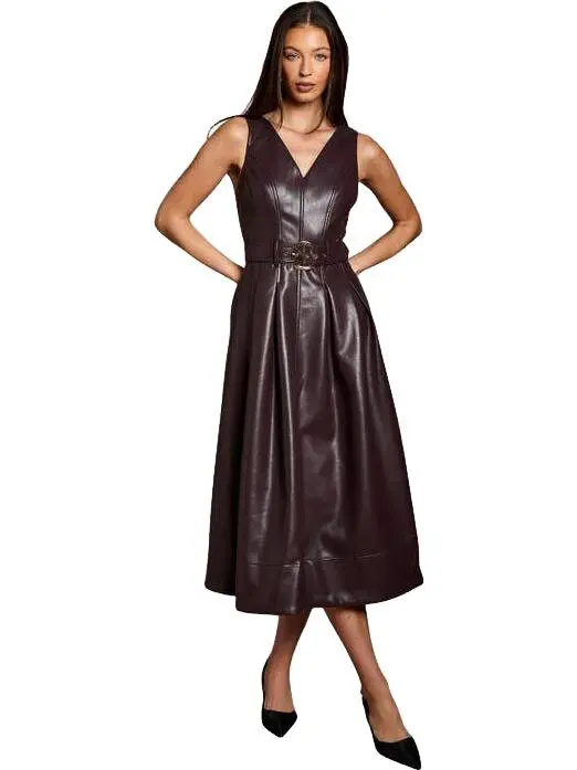 Coast Sleeveless V-neck Belted Pu Dress - Brown