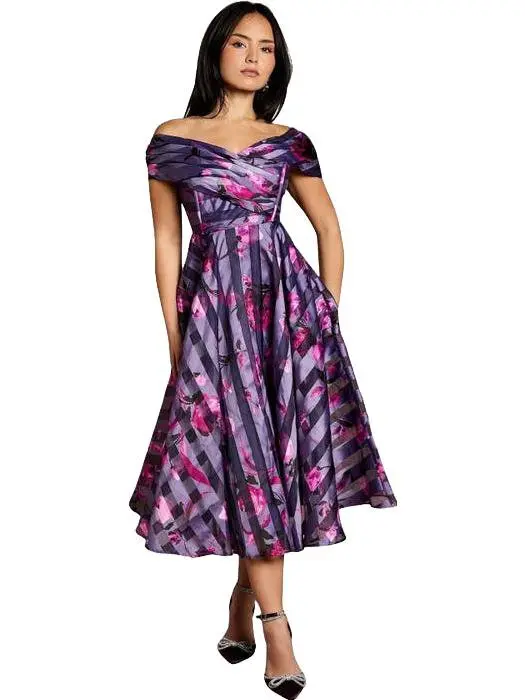 Coast Petite Stripe Organza Bardot Midi Dress - Purple
