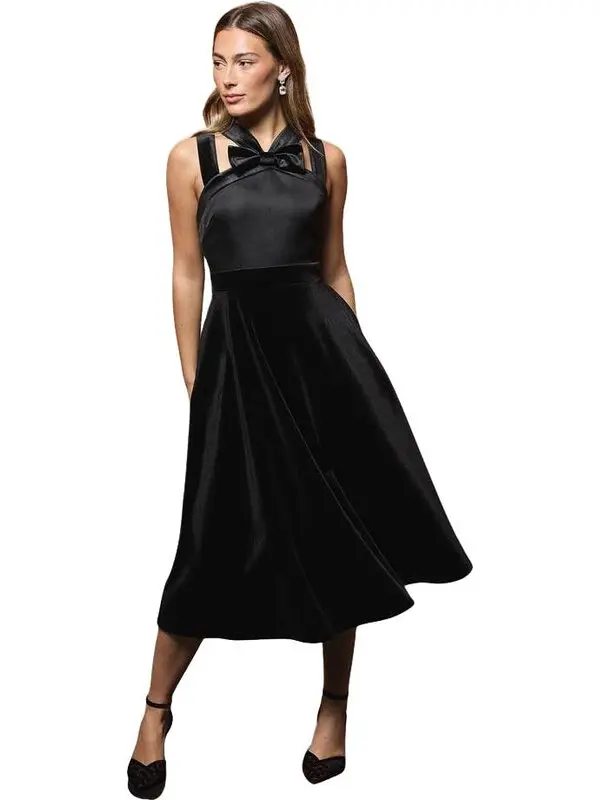 Coast Cross Neck Bow Velvet Midi Dress - Black