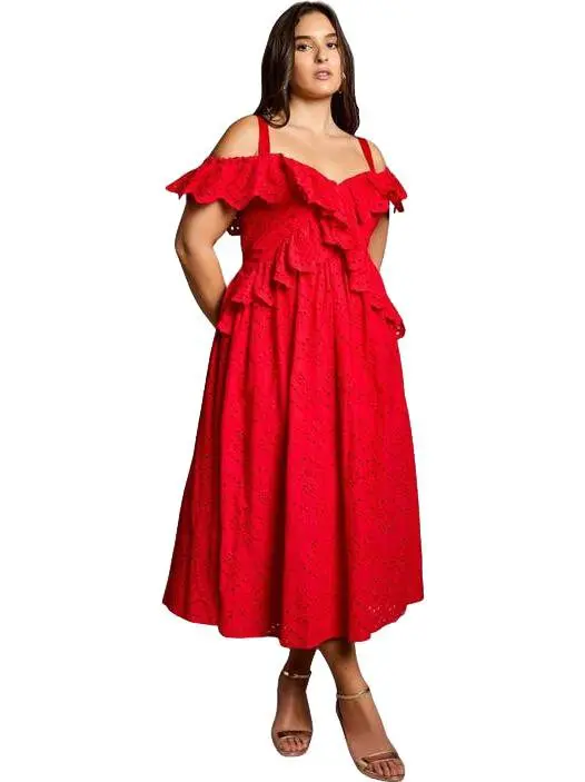 Coast Broderie Midi Dress With Cold Shoulder Design - Red