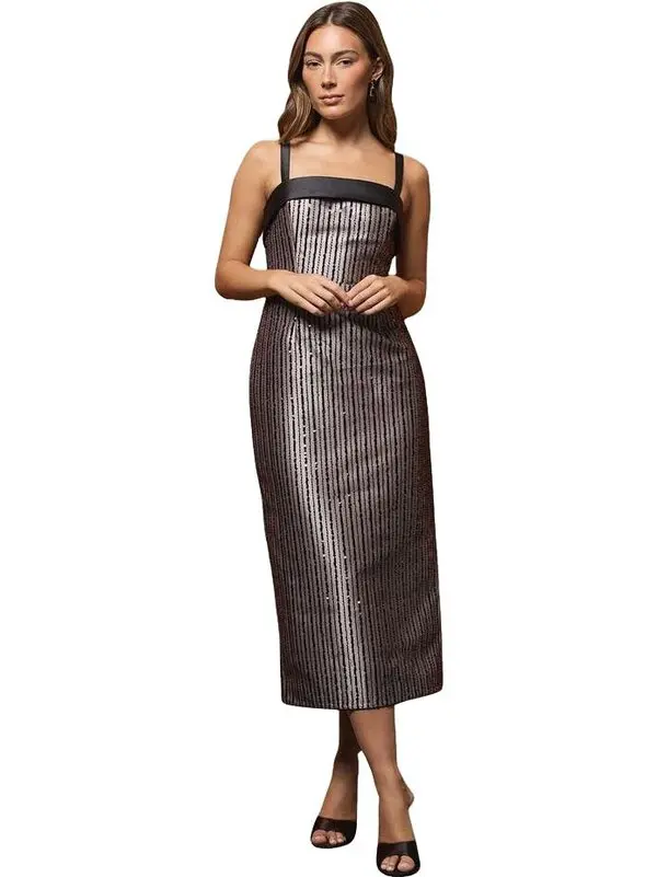 Coast Muse Beaded Sequin Midi Dress - Mocha