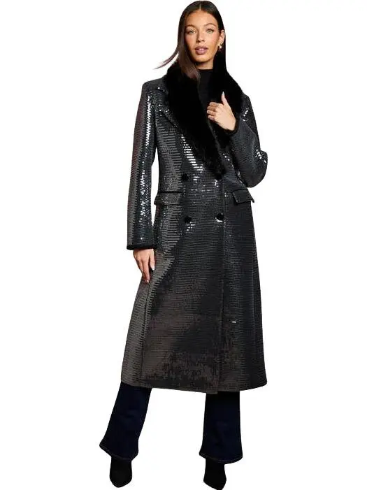 Coast Faux Fur Collar Sequin Longline Coat - Black