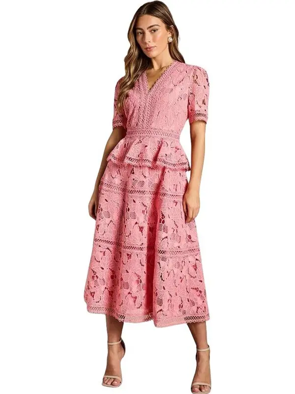 Coast V Neck Tiered Lace Midi Dress - Coral