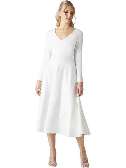 Coast V-neck Long Sleeve Full Skirt Midi Dress - Ivory