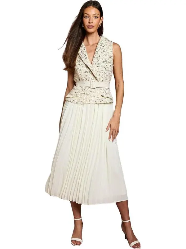 Coast Sleeveless Tweed Belted Midi Dress - Ivory