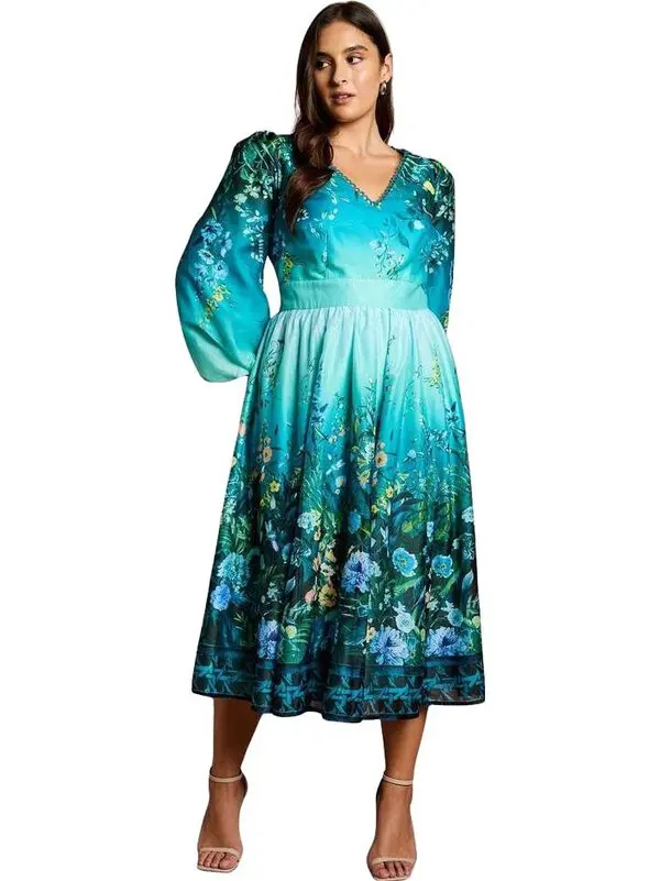 Coast Floral Print Organza Midi Dress - Teal