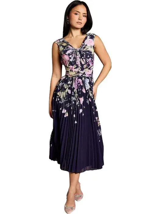 Coast Petite Twist Front Floral Pleated Midi Dress - Navy